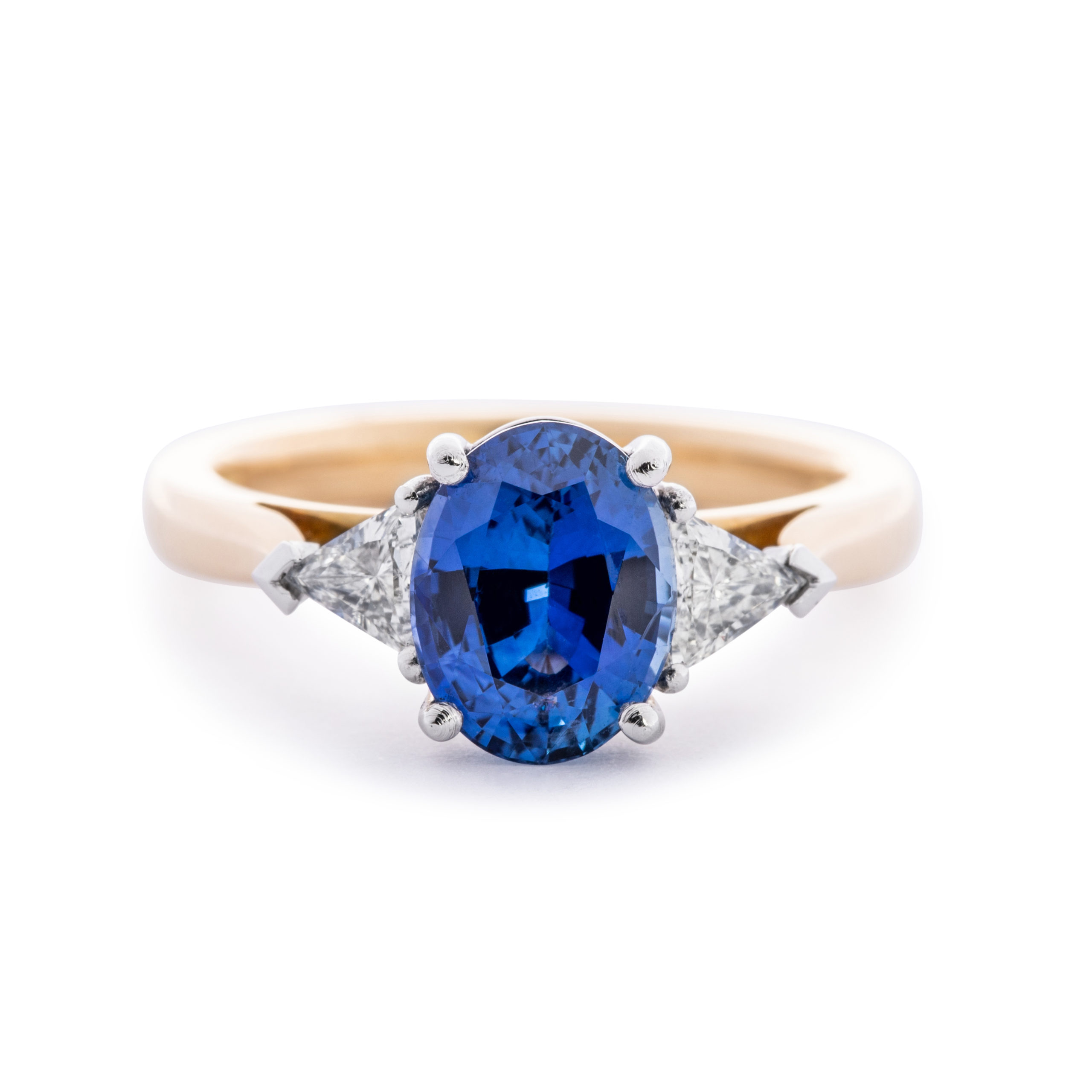 Oval Sapphire and Trilliant Cut Diamond Three Stone Ring | Jeweller in ...